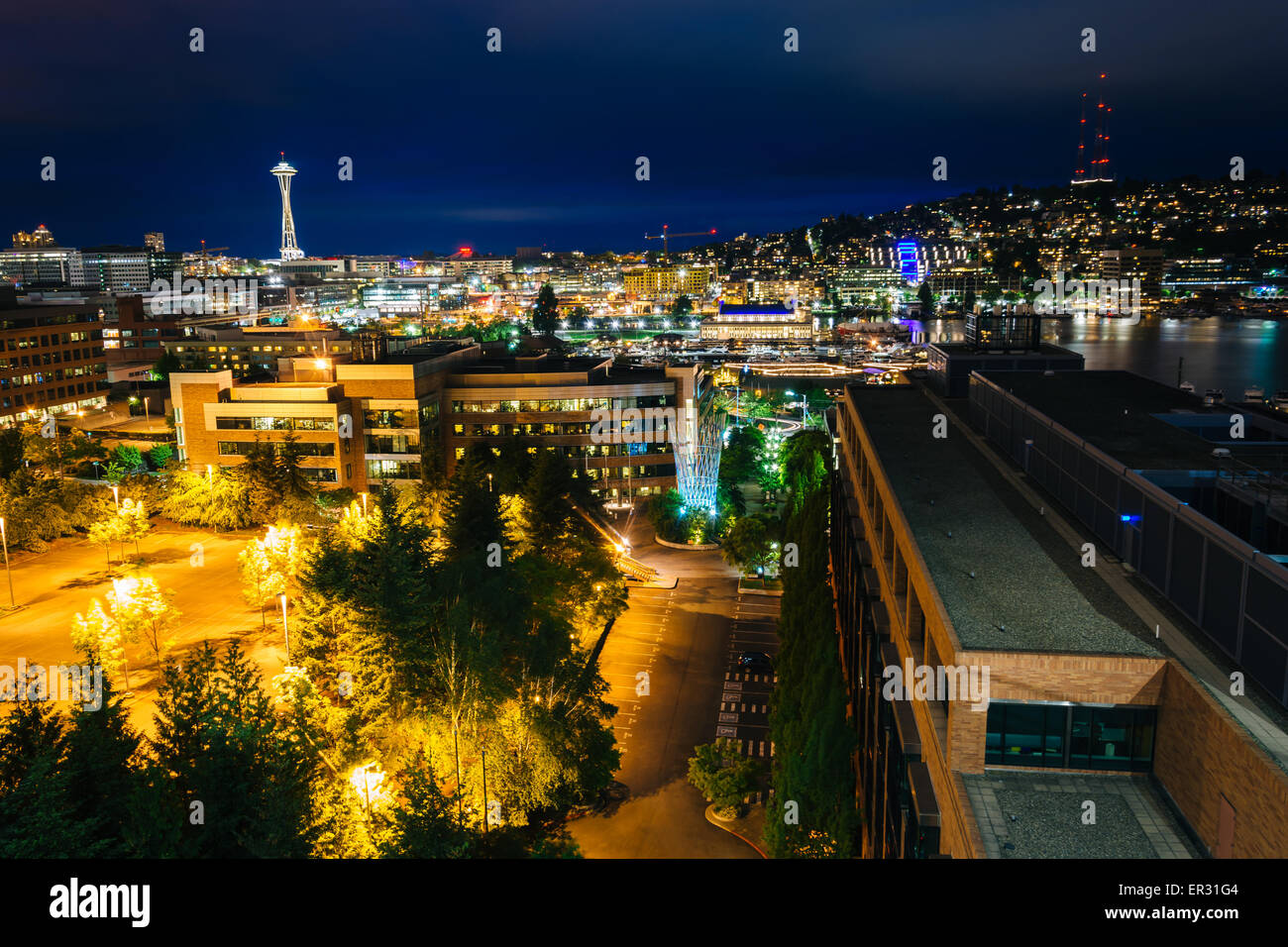 View of South Lake Union from Lakeview Boulevard at night, in Seattle ...