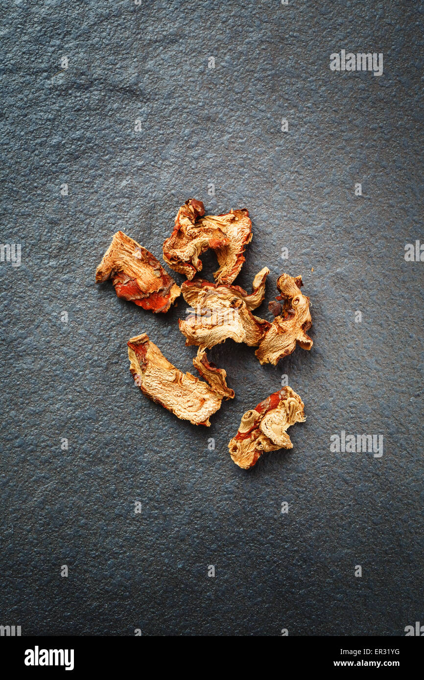 Dried Galangal Root in Close Up on Dark Stone Background. Selective ...