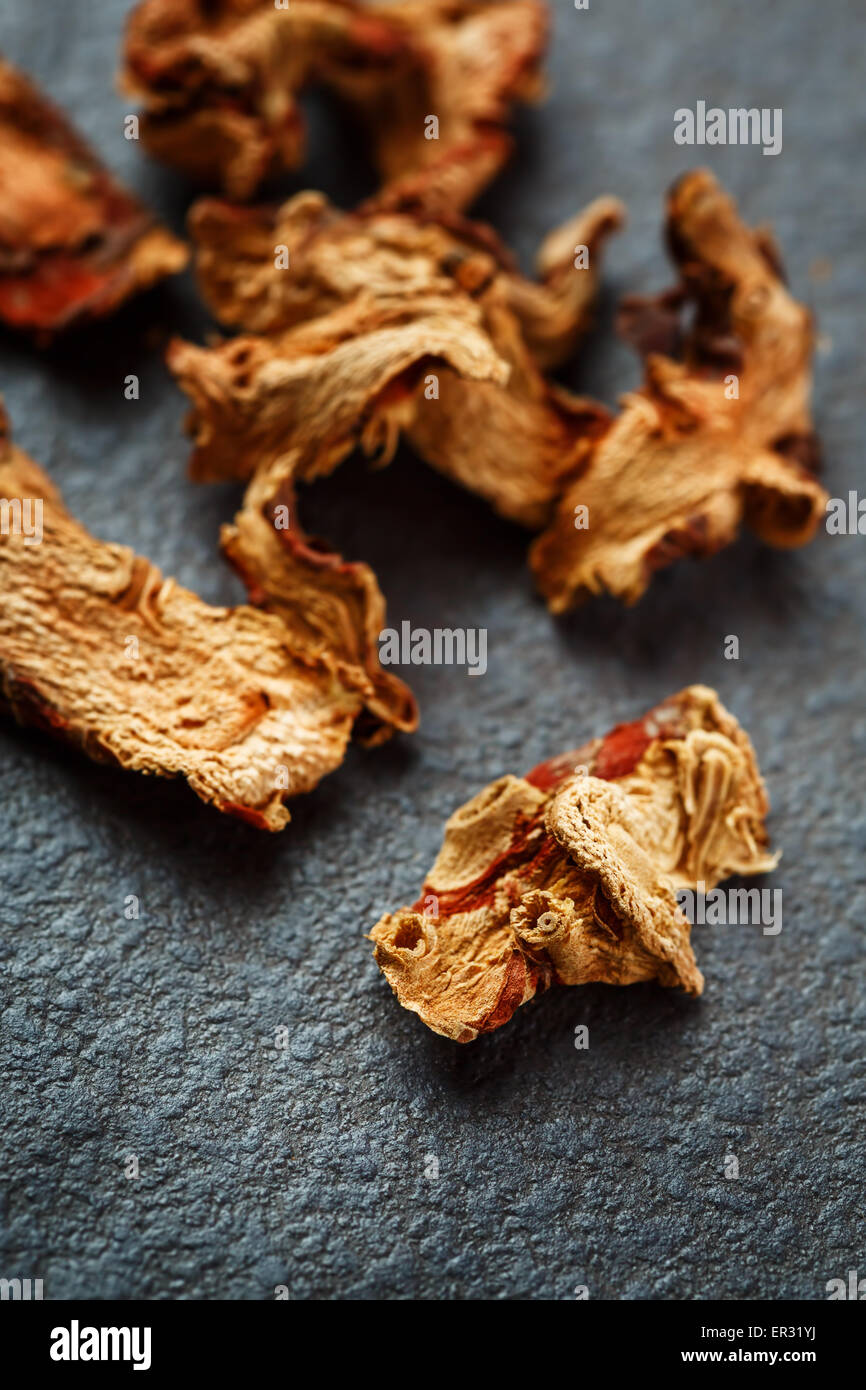 Dried Galangal Root in Close Up on Black Stone Background. Selective ...