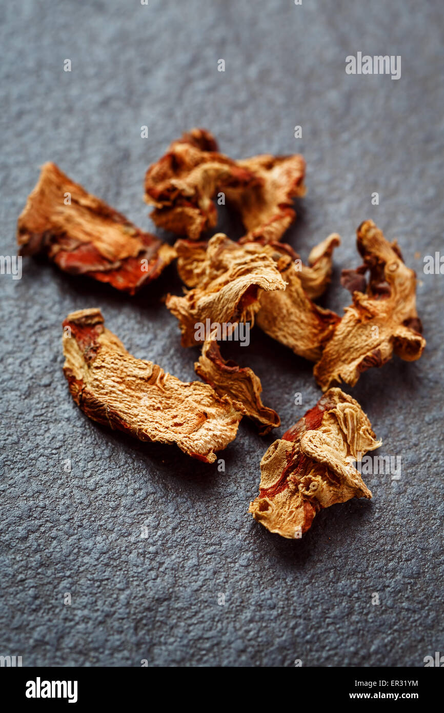 Dried Galangal Root in Close Up on Dark Stone Background. Selective ...