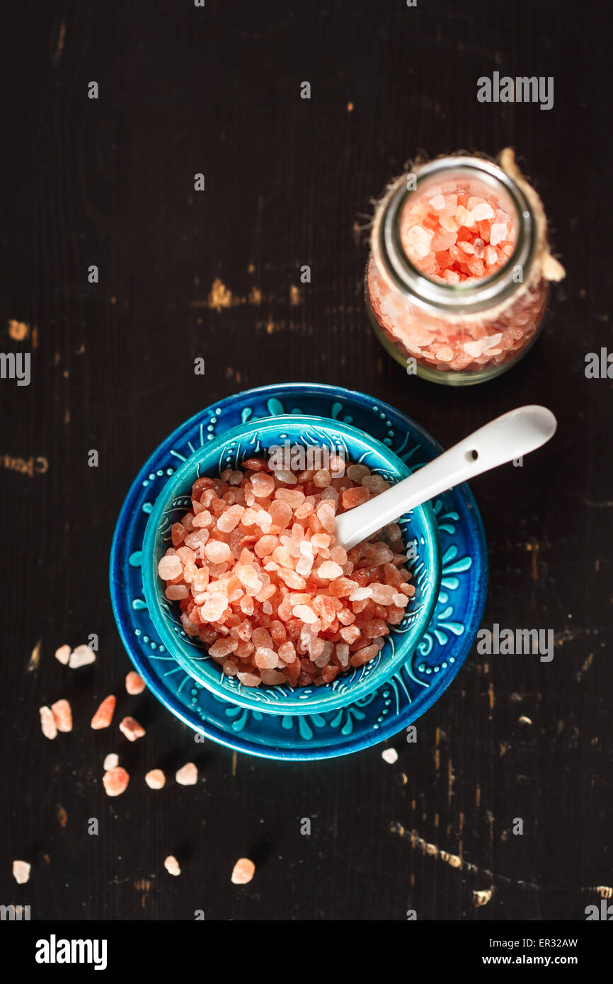 Close up of Himalayan Pink Salt Crystals in a Blue Ceramic Authentic ...