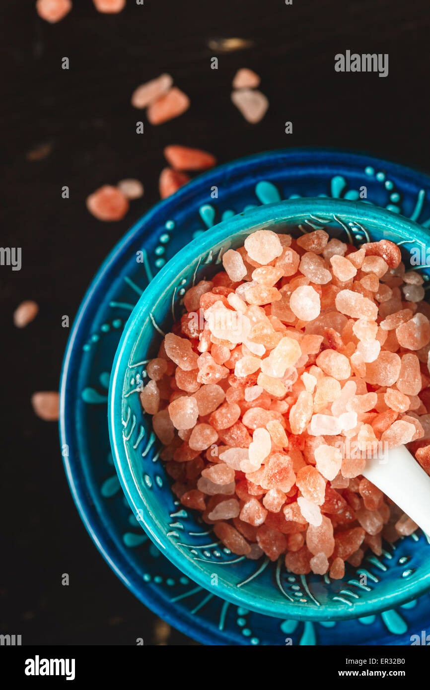 Himalayan Pink Salt Crystals Close Up in a Blue Ceramic Authentic Bowl ...