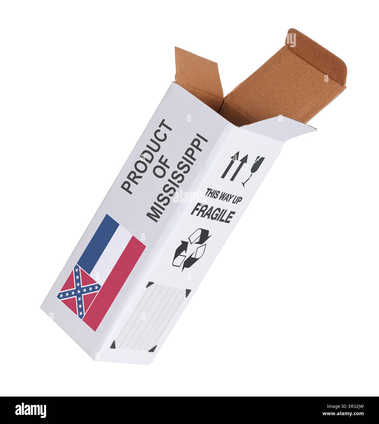 Concept of export, opened paper box - Product of Mississippi Stock ...