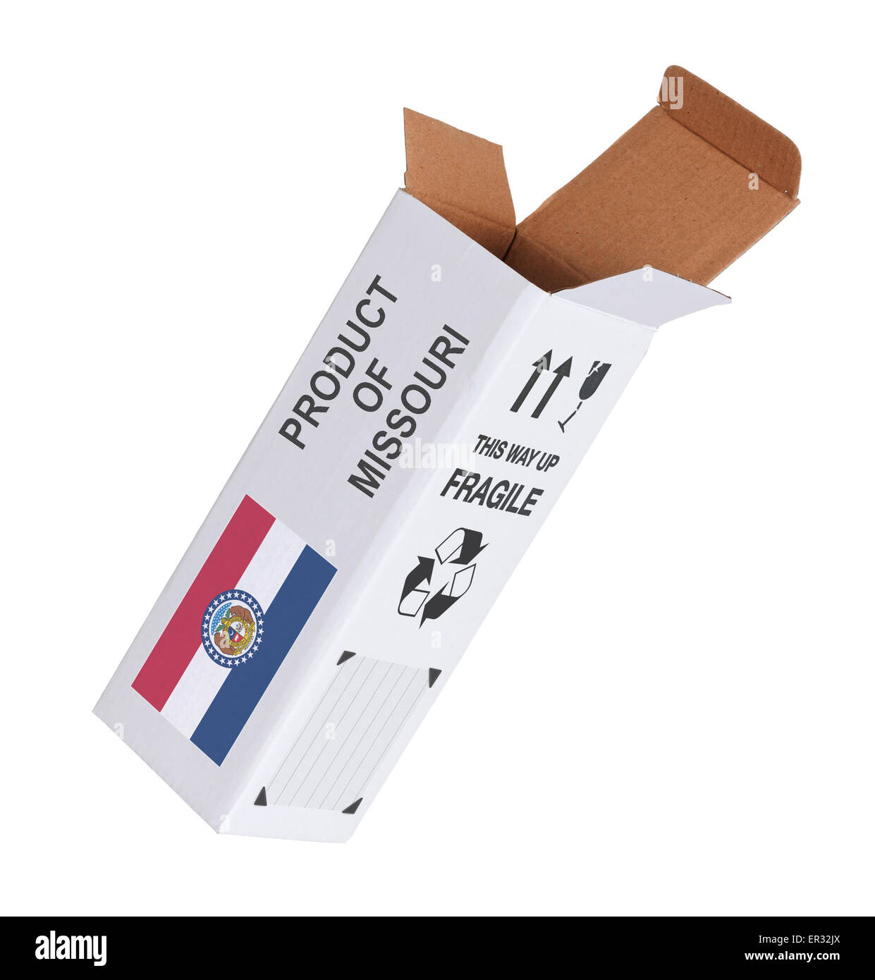 Concept of export, opened paper box - Product of Missouri Stock Photo ...