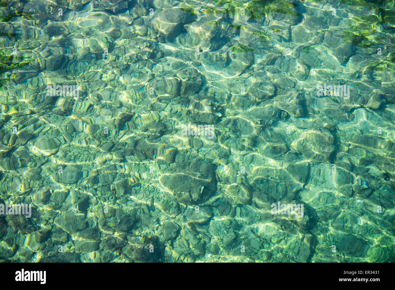 Crystal clear turquoise water full frame background with textured rock ...