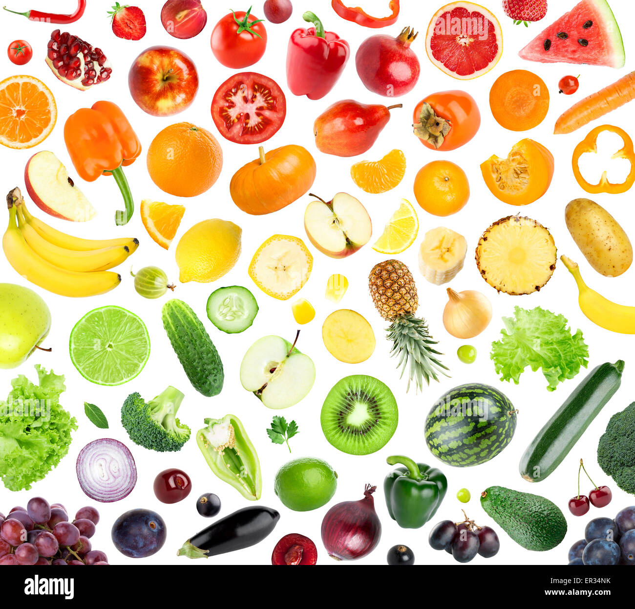 Collection of fruits and vegetables on white background. Fresh food ...