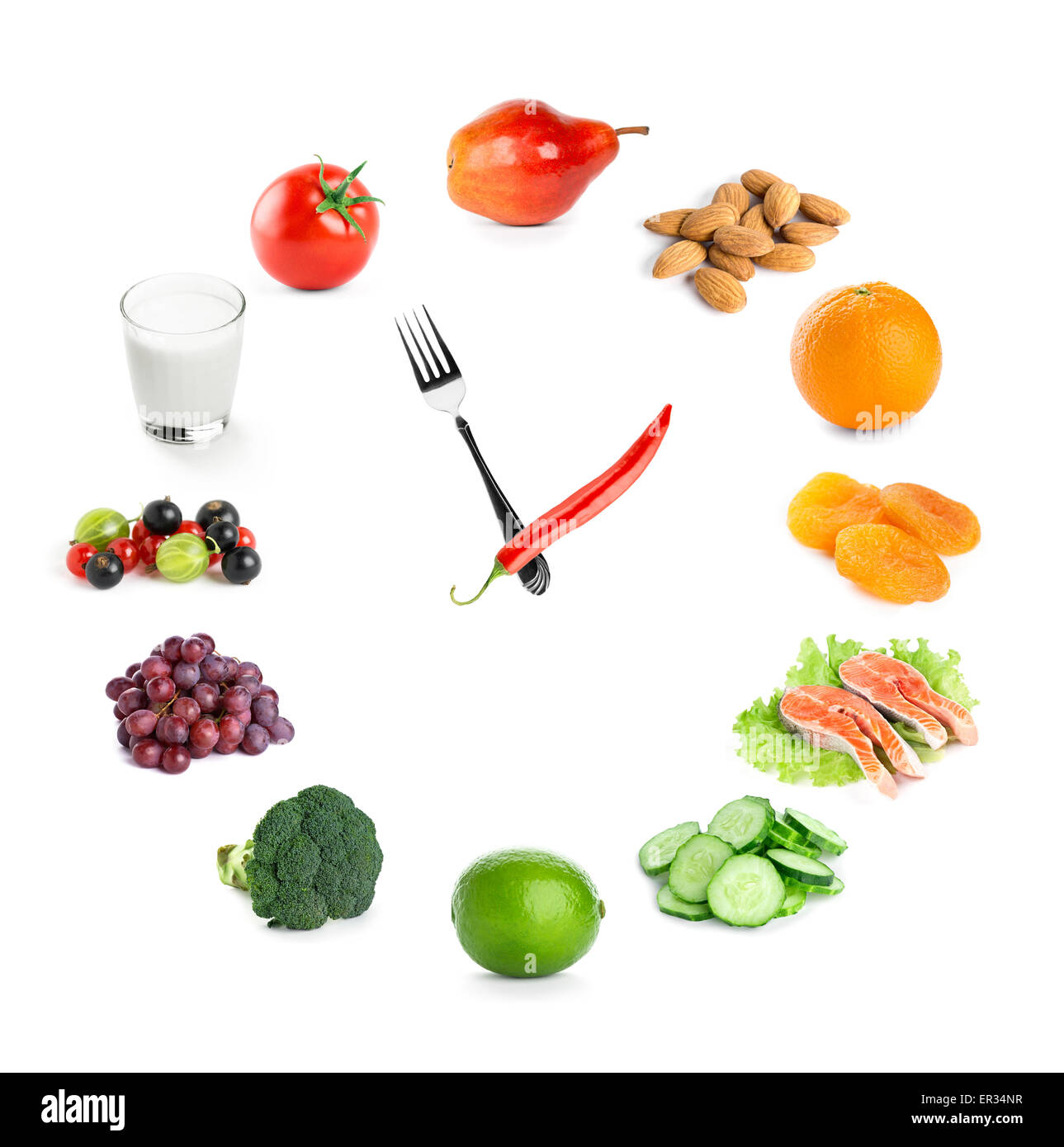 Clock with healthy diet food. Diet concept Stock Photo - Alamy