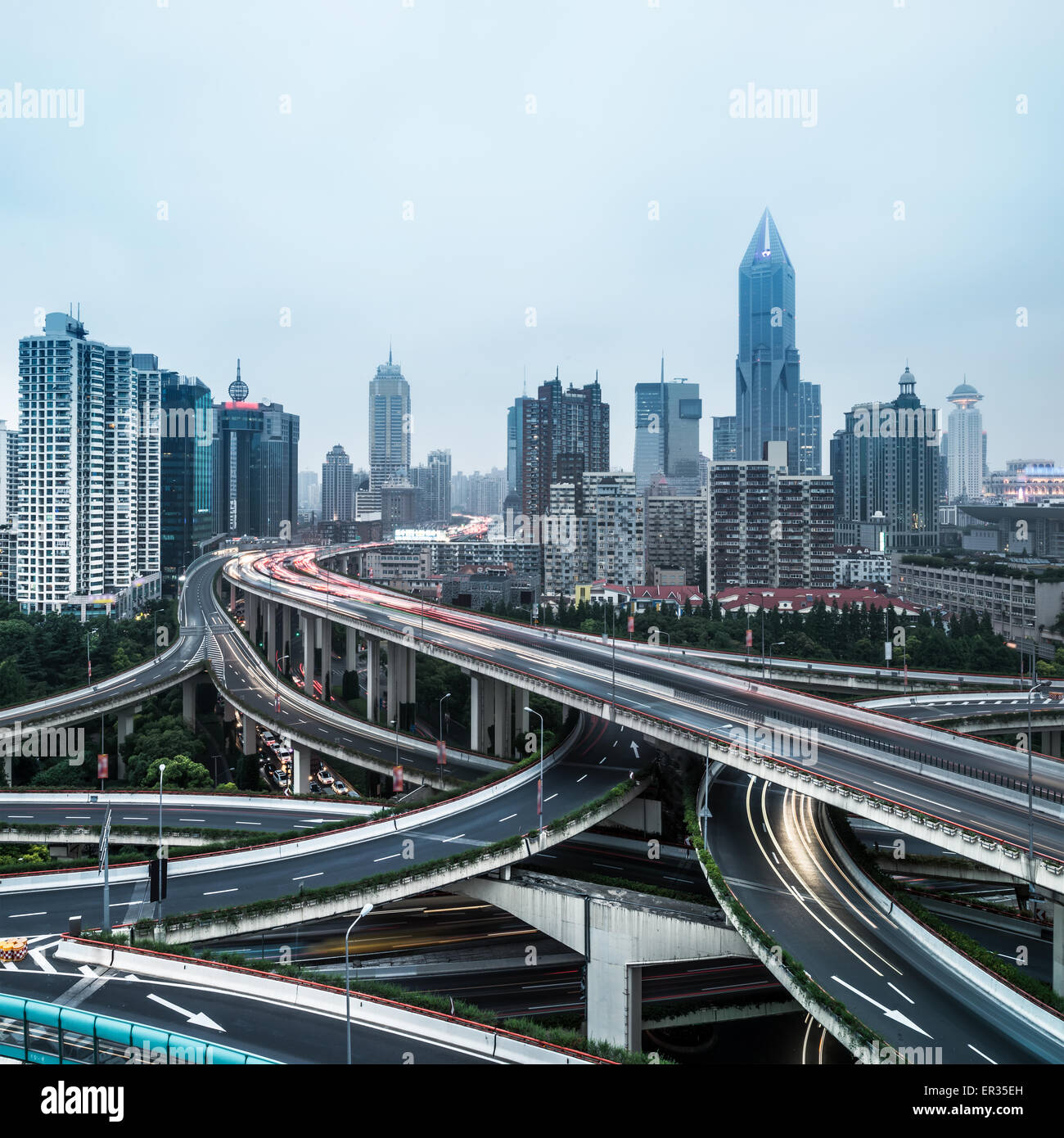 Aerial view of Shanghai viaduct night, severe traffic congestion Stock ...