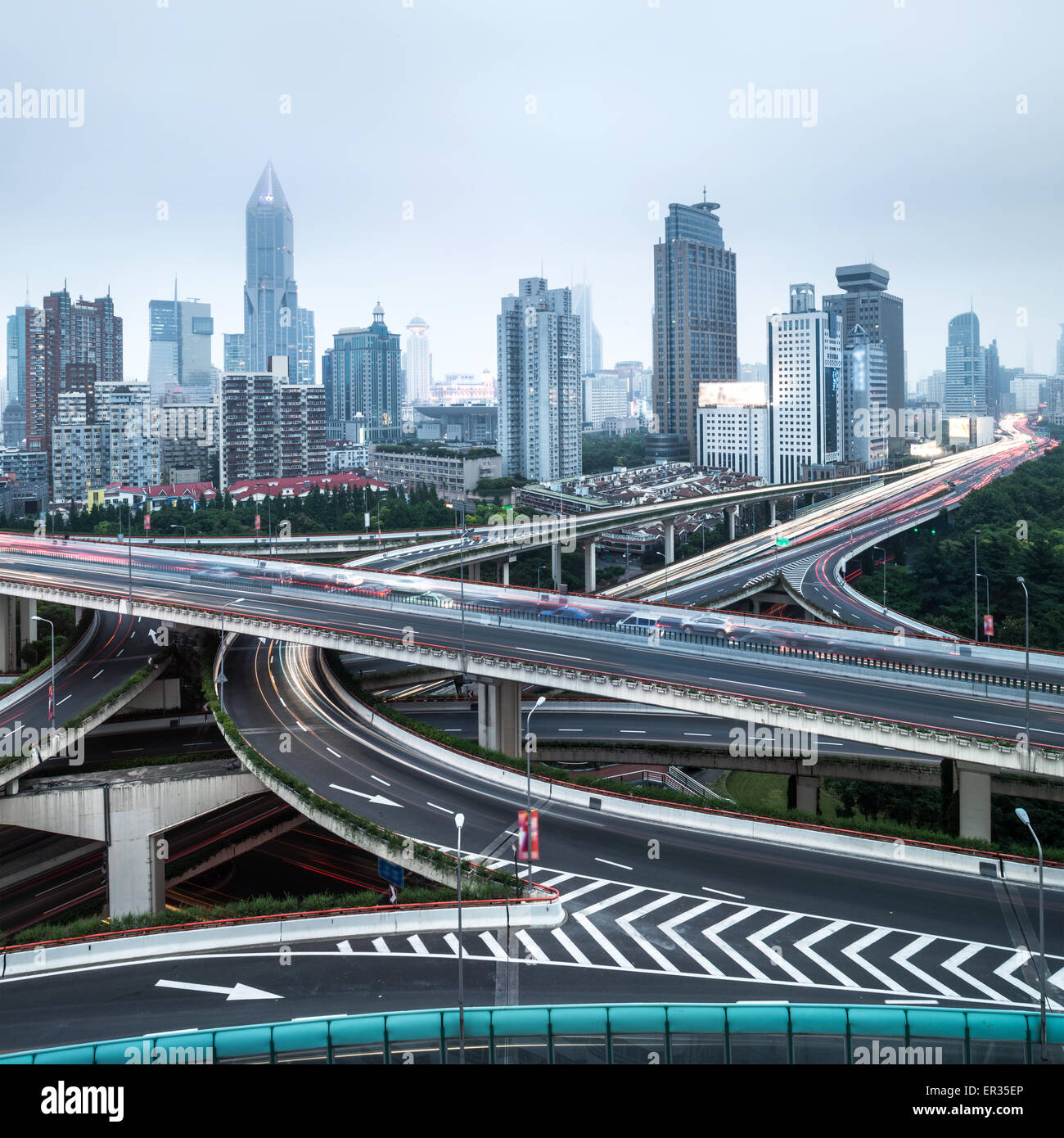 Aerial view of Shanghai viaduct night, severe traffic congestion Stock ...