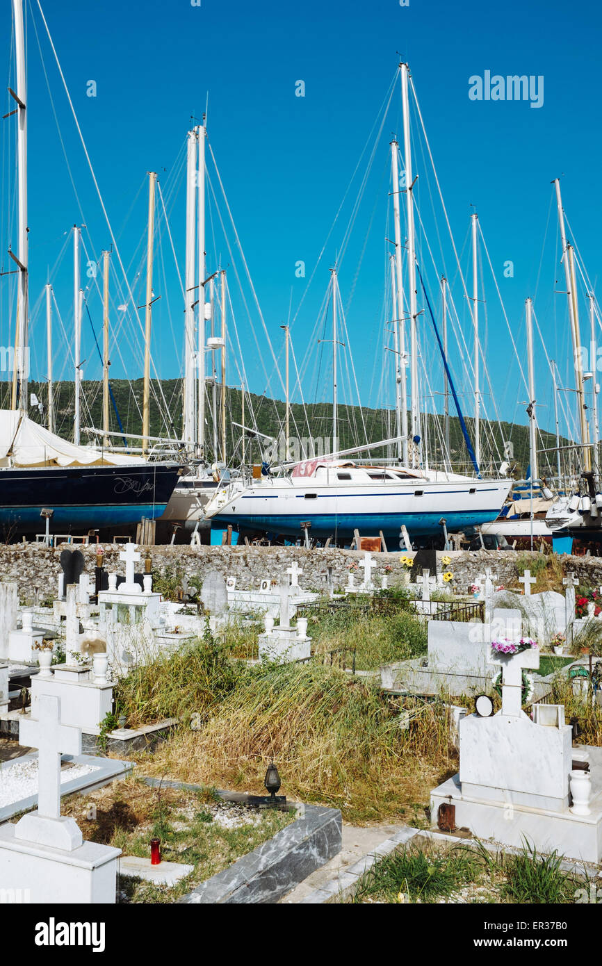 Catholic graveyard near a port , Lefkada island, Greece Stock Photo - Alamy