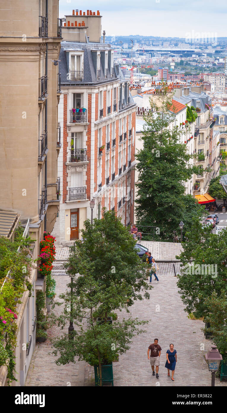 Paris, France - August 09, 2014: tourists walk on the pedestrian street ...