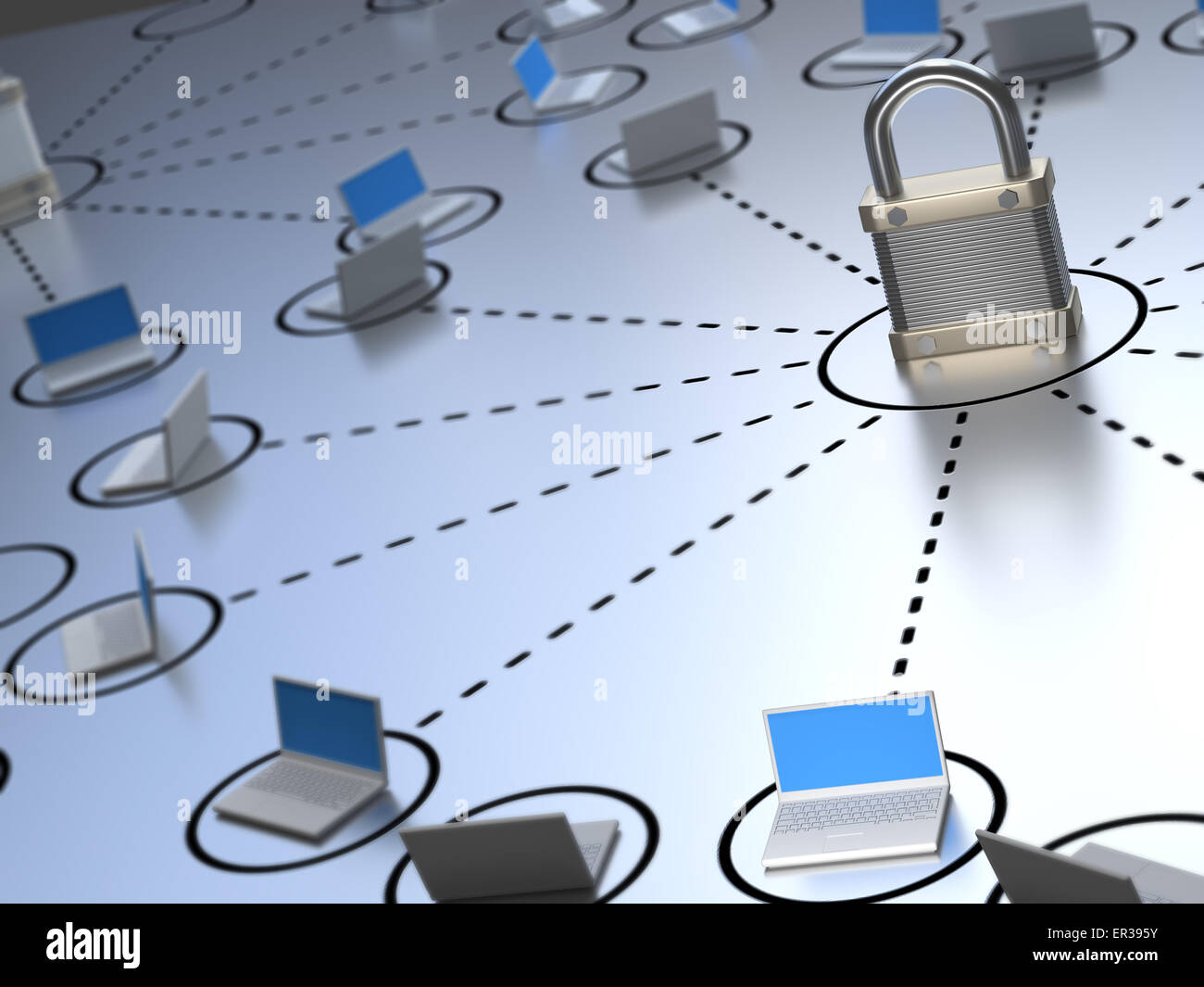 Laptops attached to a network with a padlock in the middle Stock Photo ...