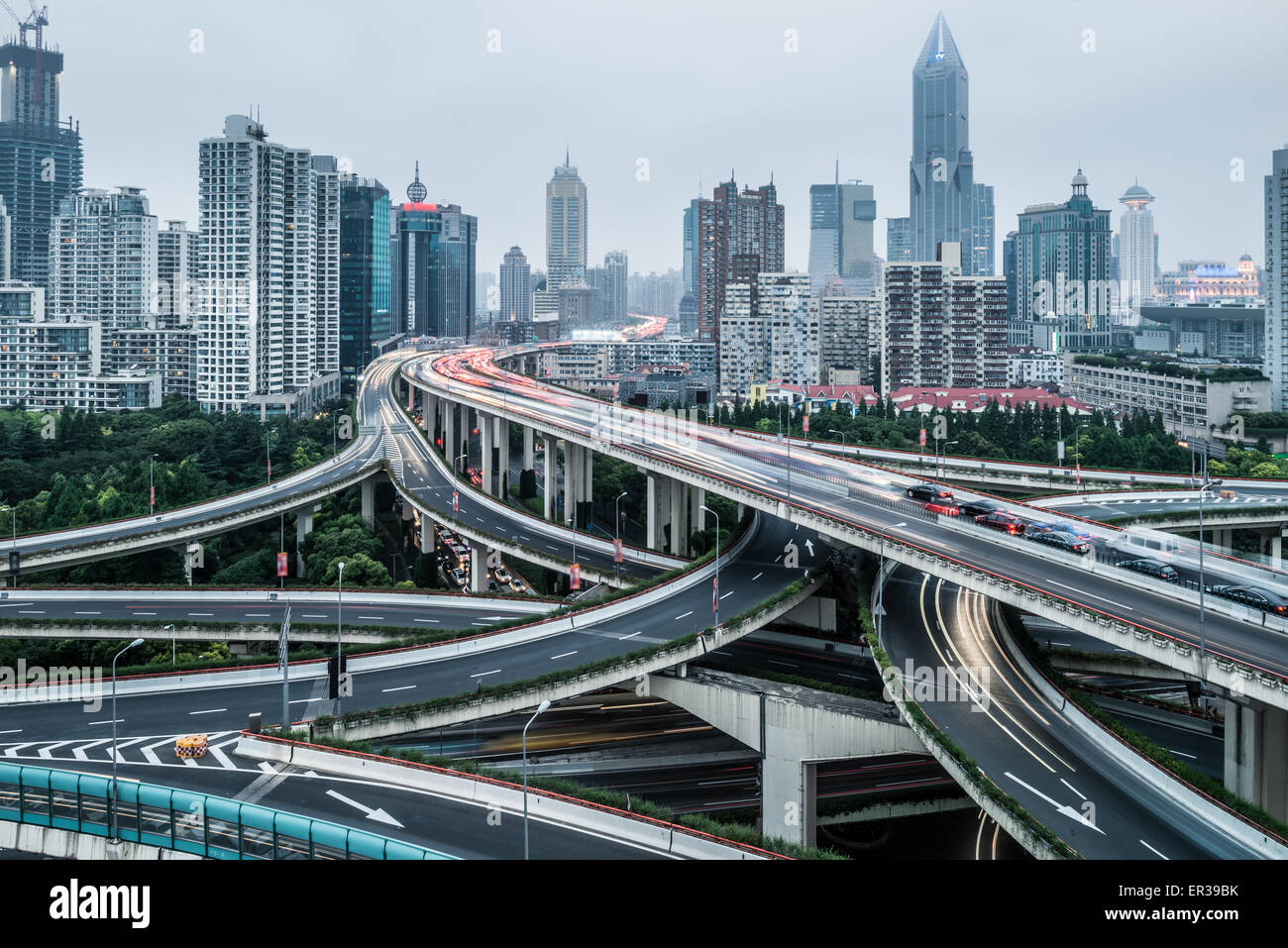 Aerial view of Shanghai viaduct night, severe traffic congestion Stock ...