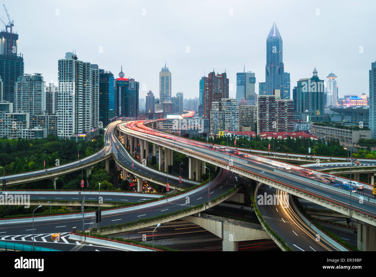 Aerial view of Shanghai viaduct night, severe traffic congestion Stock ...