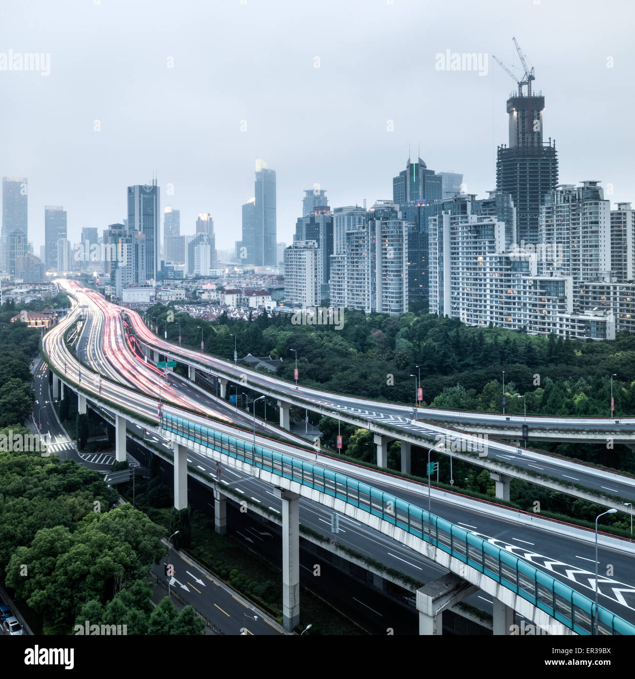 Aerial view of Shanghai viaduct night, severe traffic congestion Stock ...