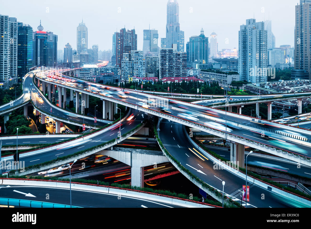 Aerial view of Shanghai viaduct night, severe traffic congestion Stock ...