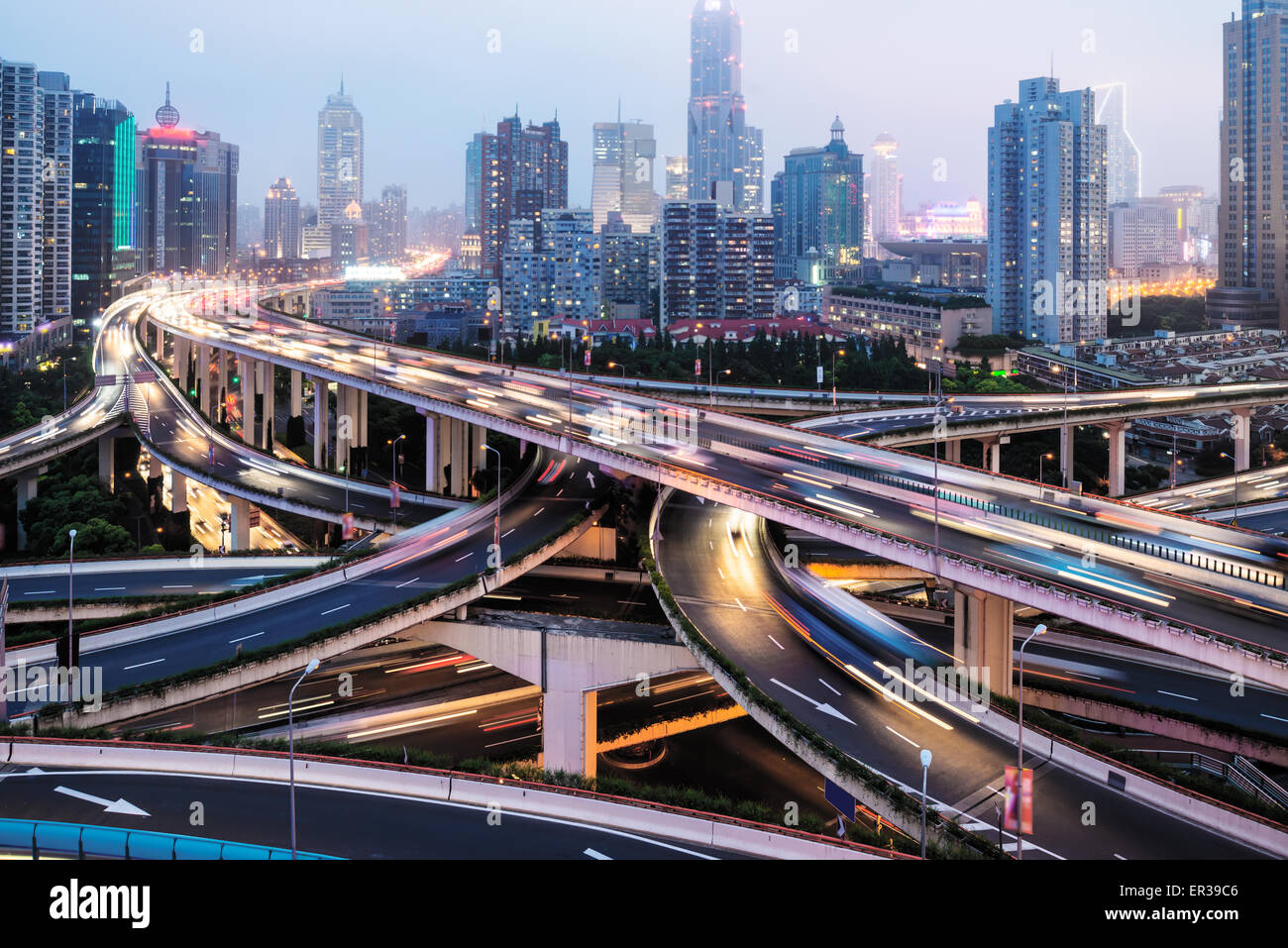 Aerial view of Shanghai viaduct night, severe traffic congestion Stock ...