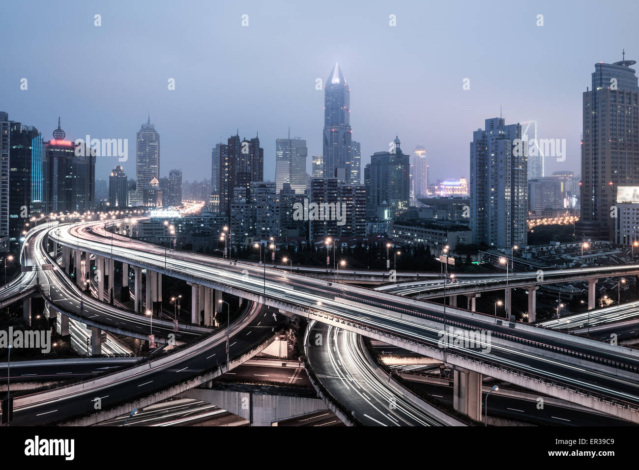 Aerial view of Shanghai viaduct night, severe traffic congestion Stock ...