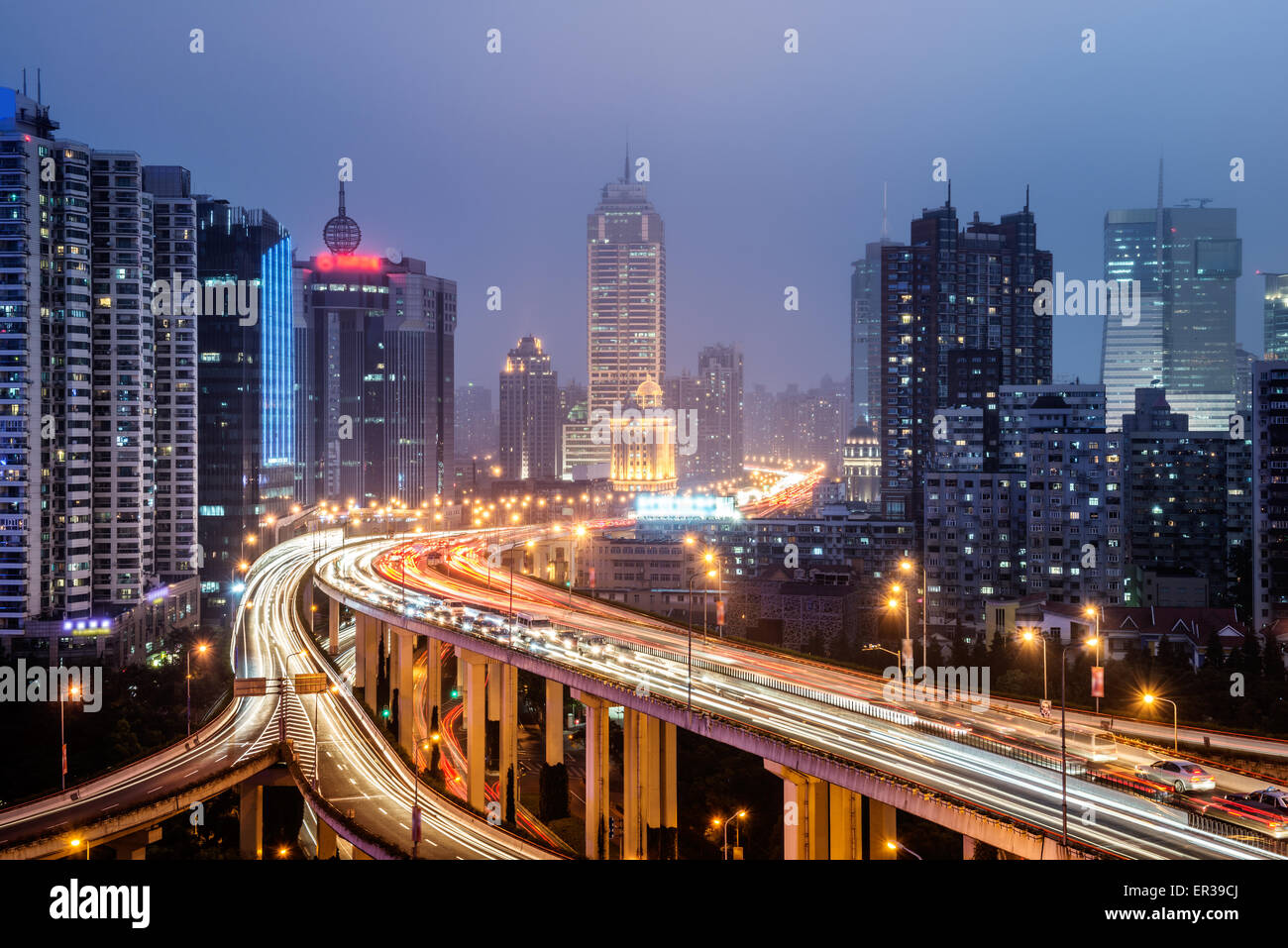 Aerial view of Shanghai viaduct night, severe traffic congestion Stock ...