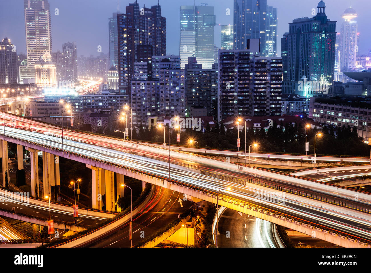 Aerial view of Shanghai viaduct night, severe traffic congestion Stock ...