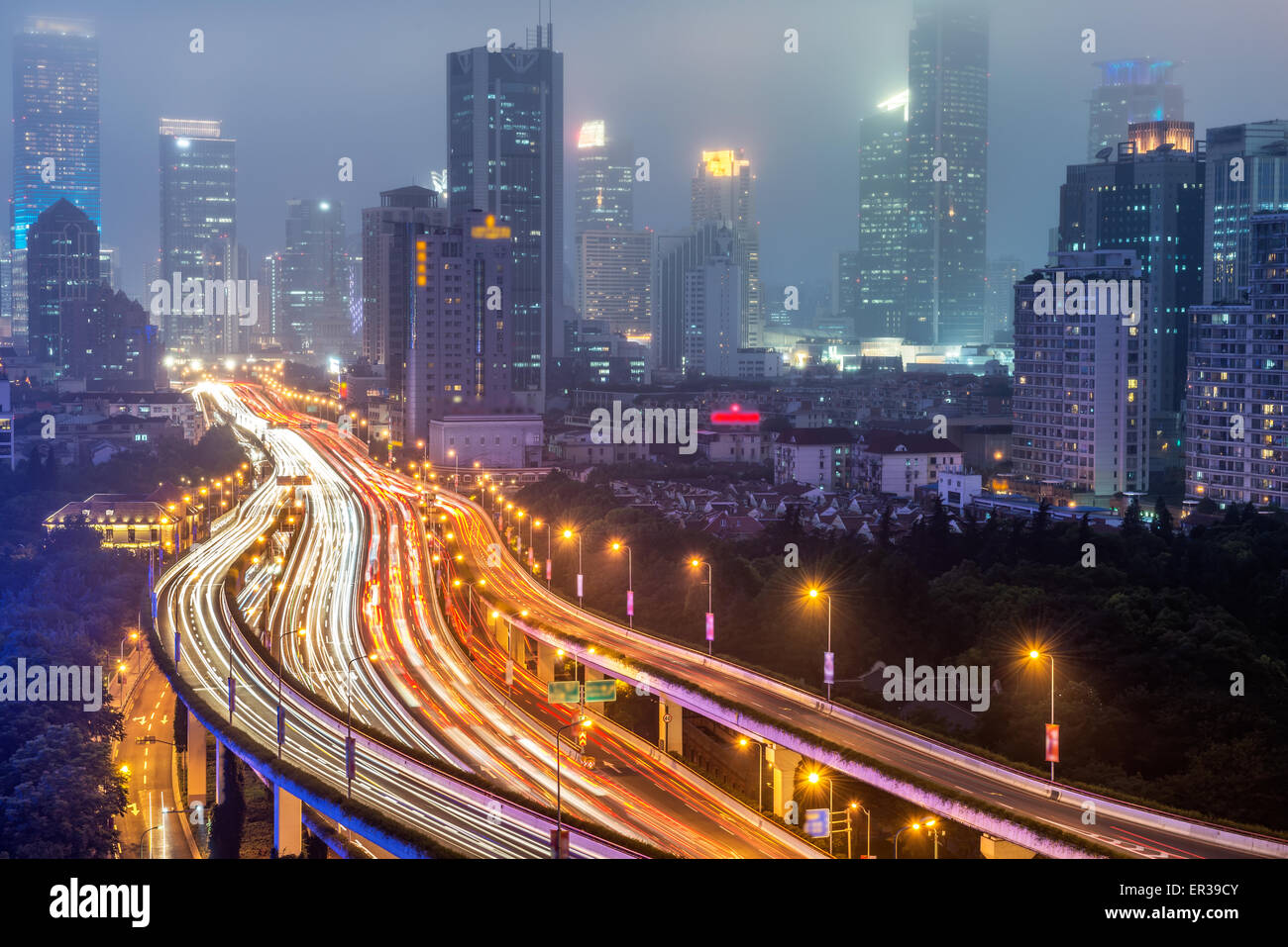 Aerial view of Shanghai viaduct night, severe traffic congestion Stock ...