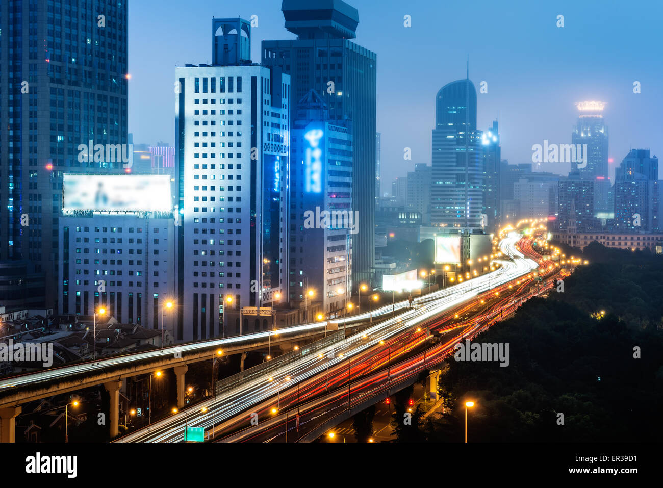 Aerial view of Shanghai viaduct night, severe traffic congestion Stock ...