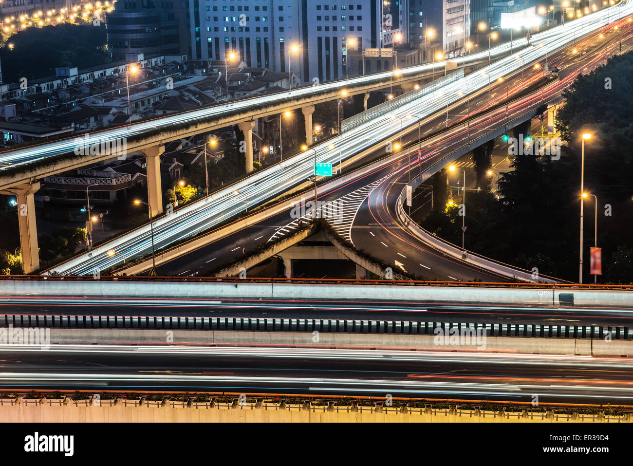 Aerial view of Shanghai viaduct night, severe traffic congestion Stock ...