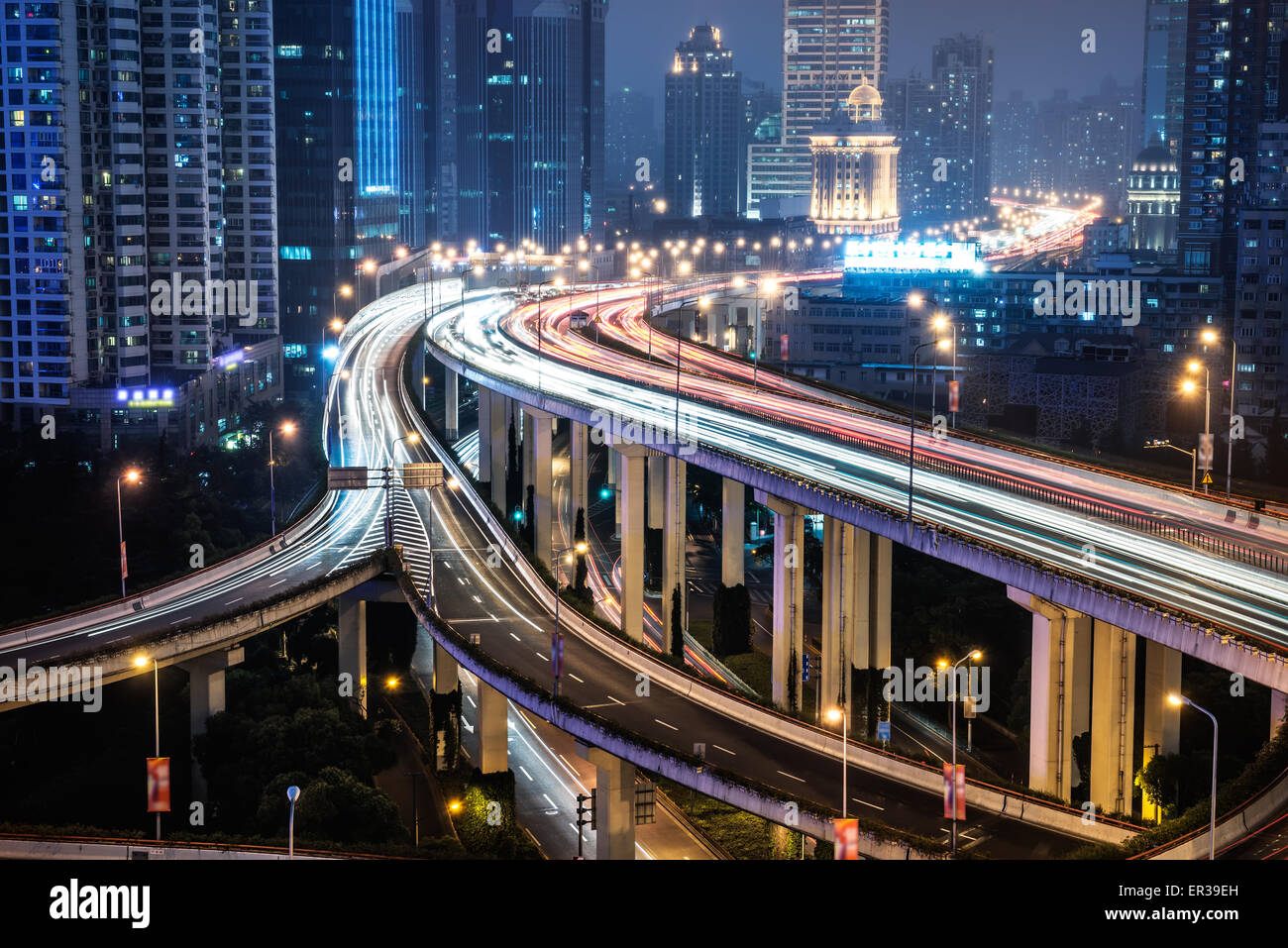 Aerial view of Shanghai viaduct night, severe traffic congestion Stock ...