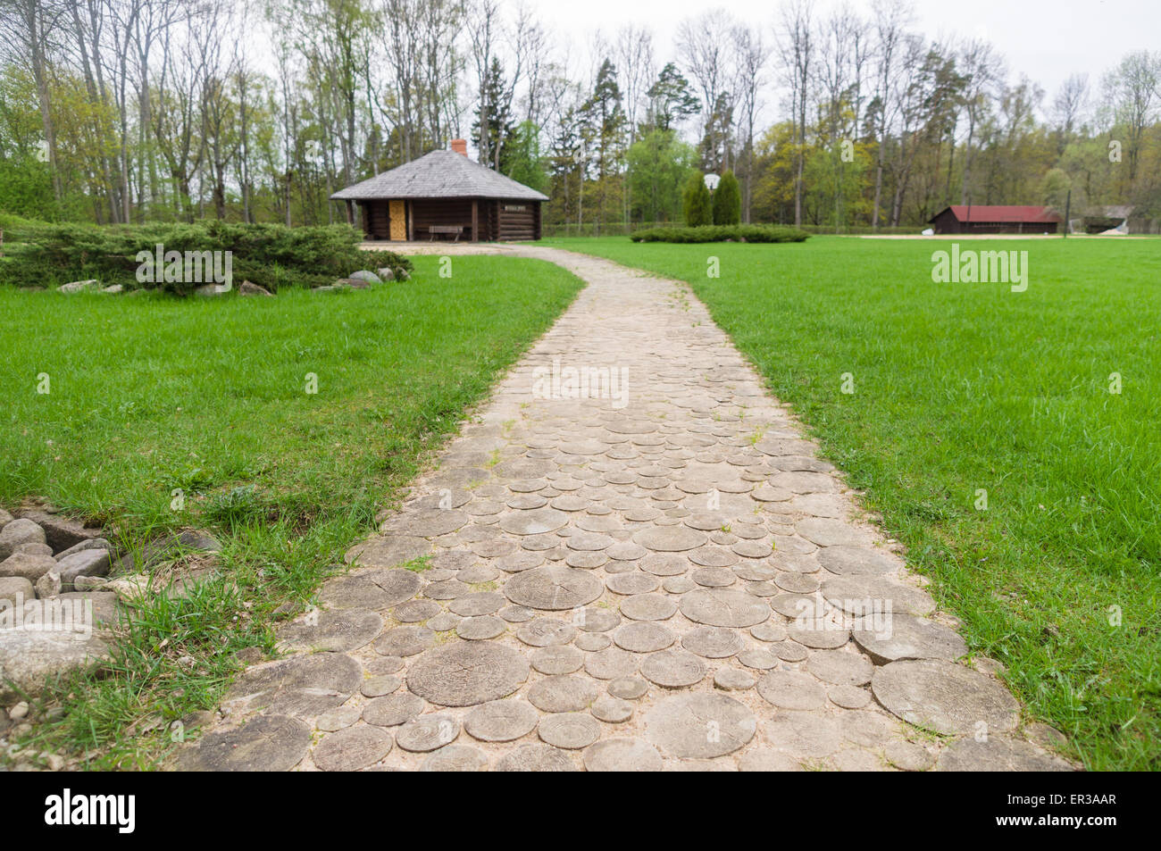 Wooden walk path closeup in recreation camping site Stock Photo - Alamy
