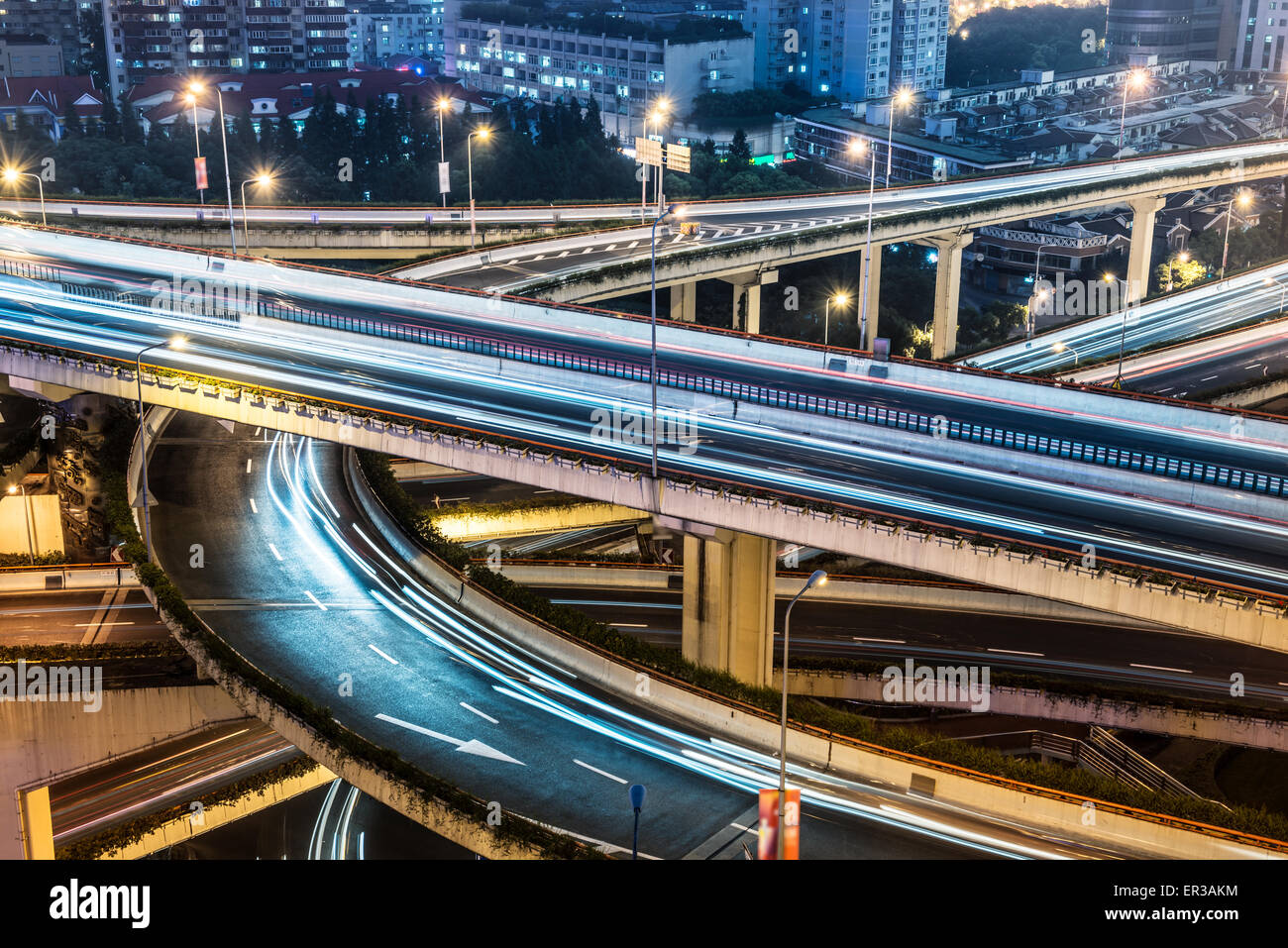 Aerial view of Shanghai viaduct night, severe traffic congestion Stock ...