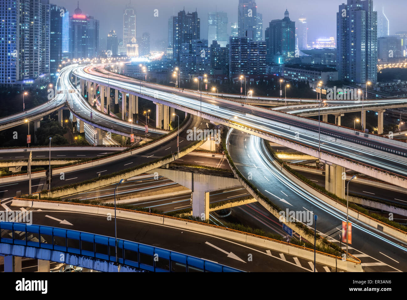 Aerial view of Shanghai viaduct night, severe traffic congestion Stock ...