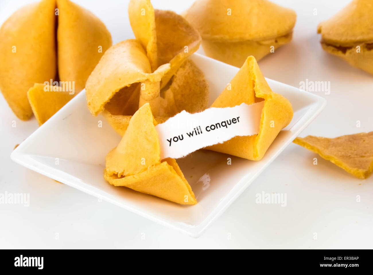 open fortune cookie with strip of white paper - YOU WILL CONQUER Stock ...