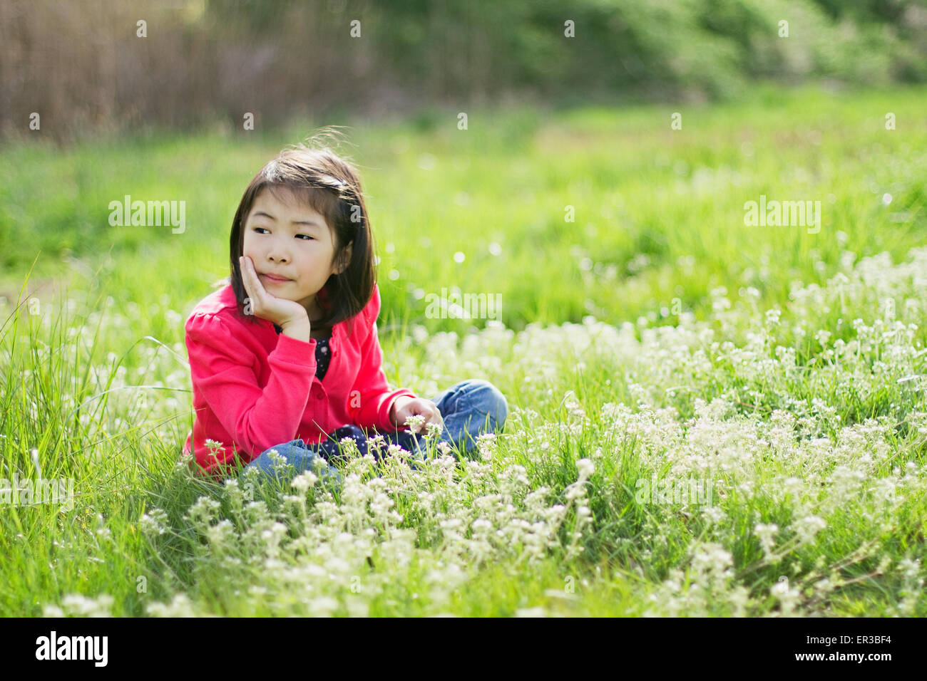 Girl sitting in a field resting her chin in her hand Stock Photo - Alamy