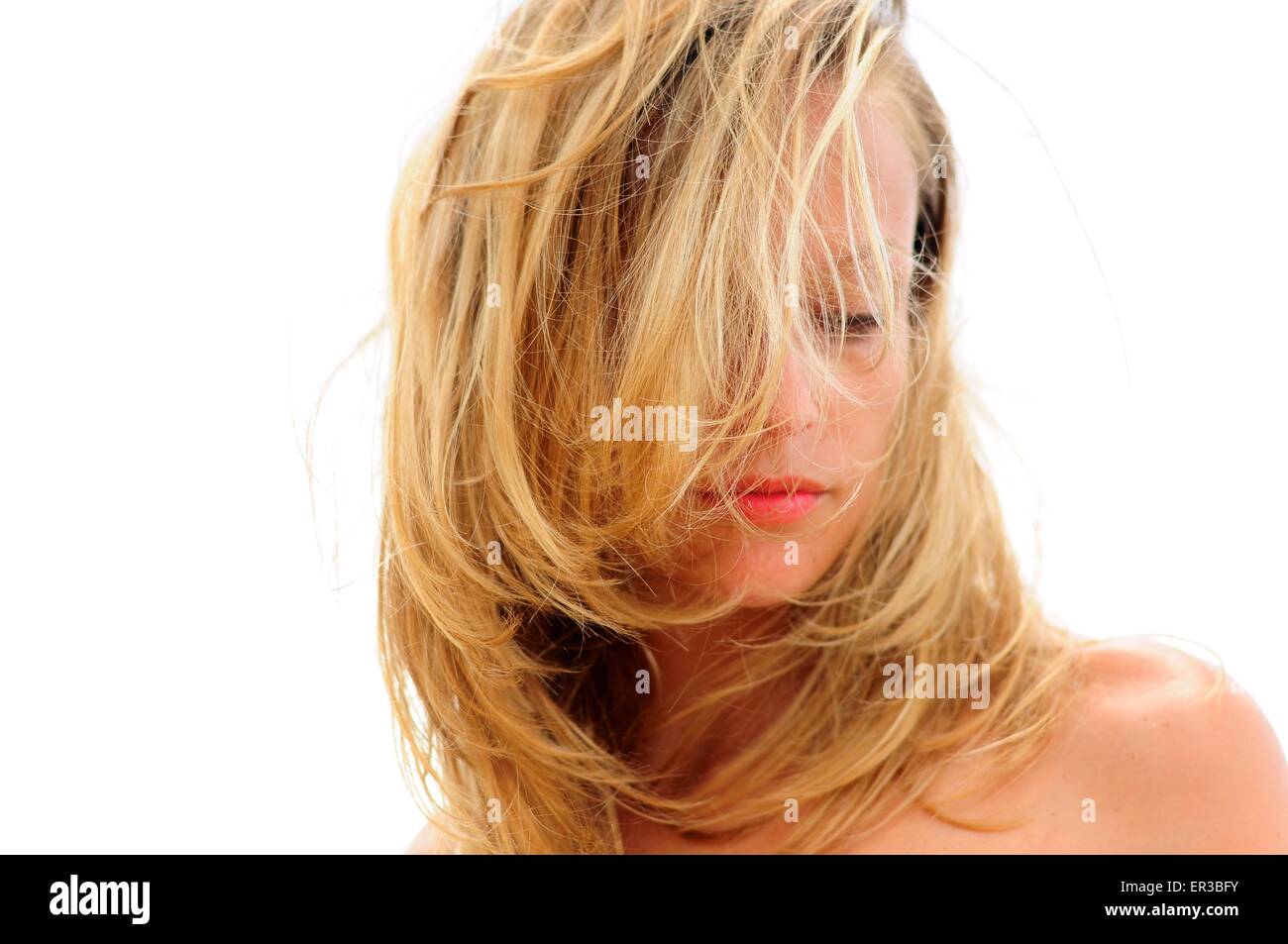 Woman with hair covering face Stock Photo - Alamy