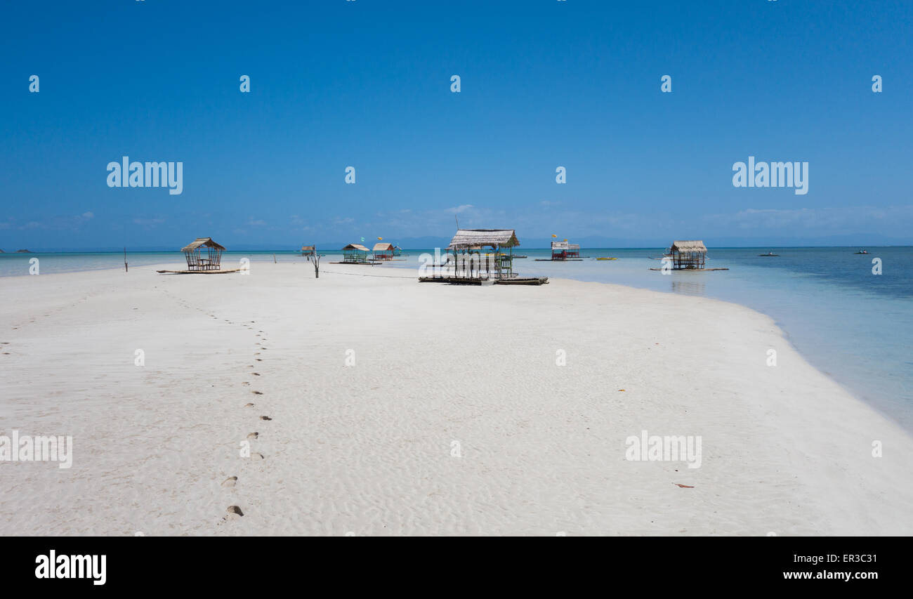 Wooden seating huts on beach, Caramoan island, Bicol, Philippines Stock ...