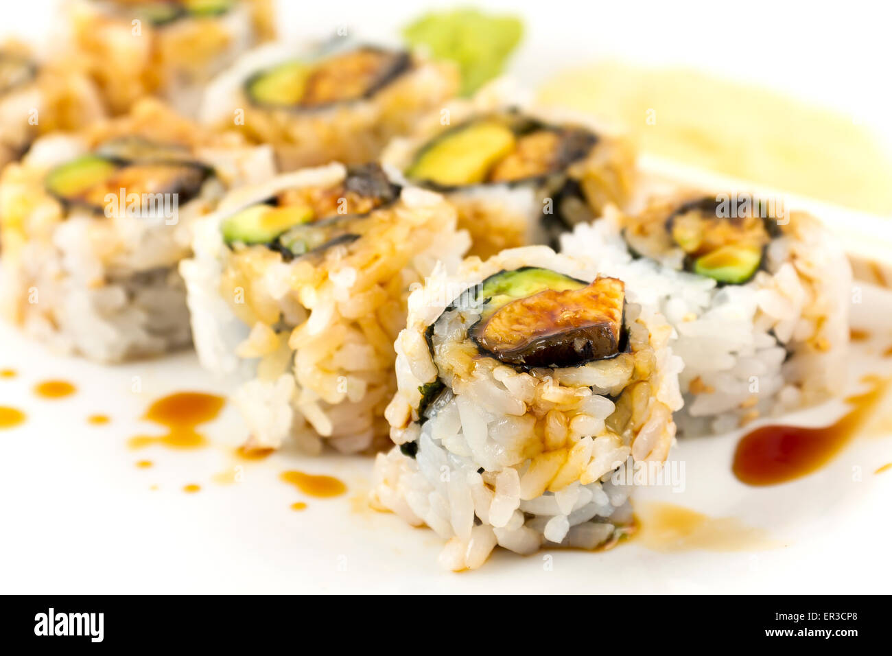 Unagi maki, BBQ eel, avocado roll with wasabi and fresh ginger Stock ...