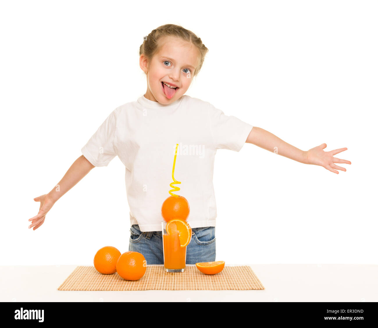 little girl with oranges drink juice with a straw Stock Photo - Alamy