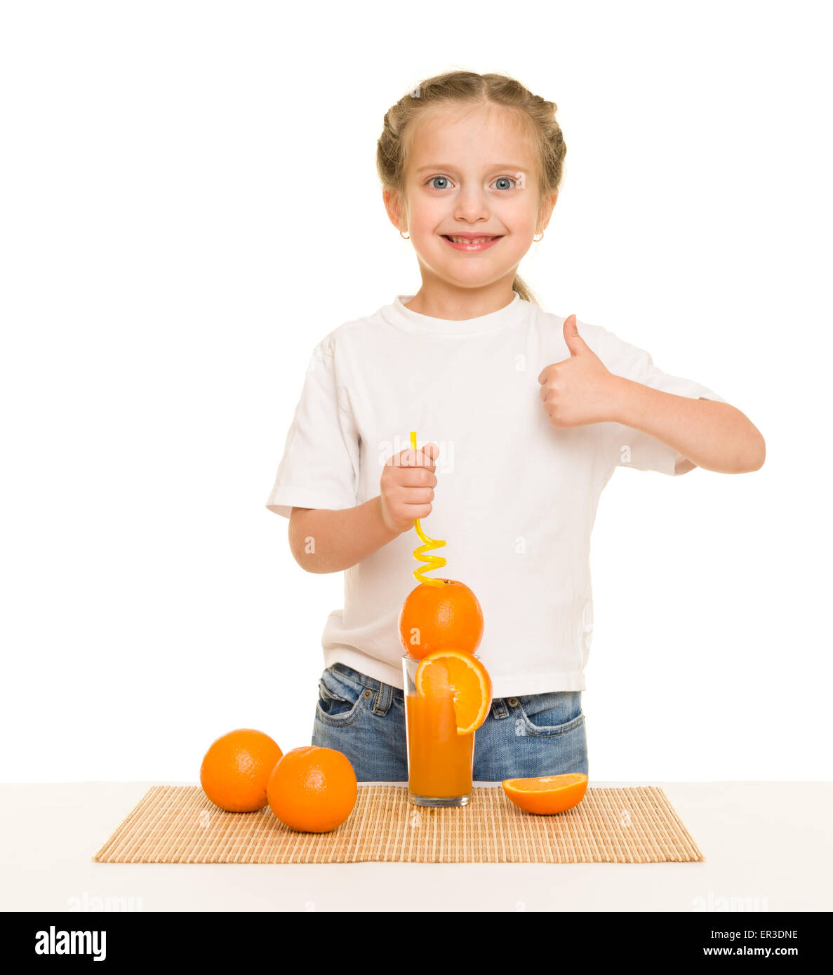 little girl with oranges drink juice with a straw Stock Photo - Alamy