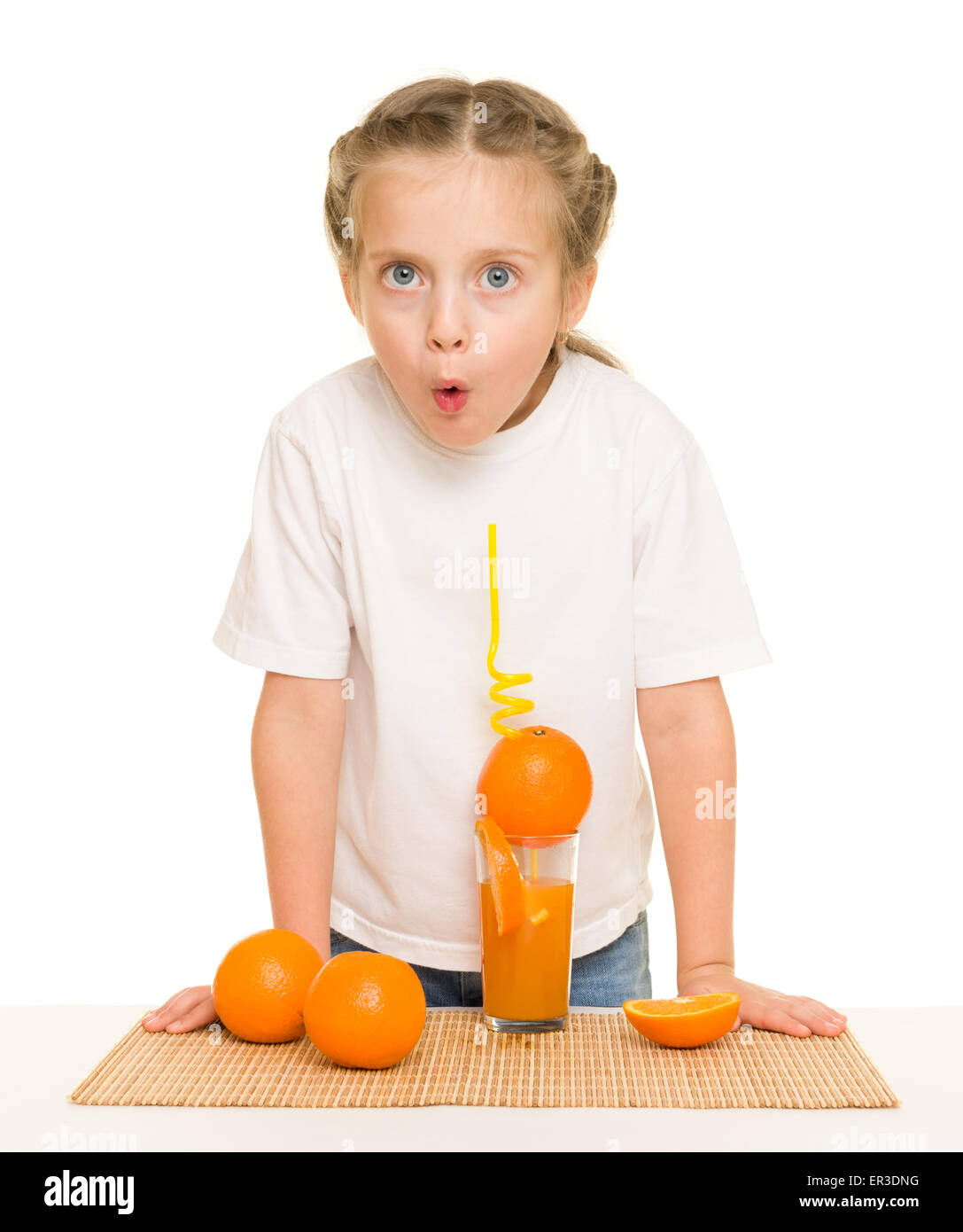 little girl with oranges drink juice with a straw Stock Photo - Alamy