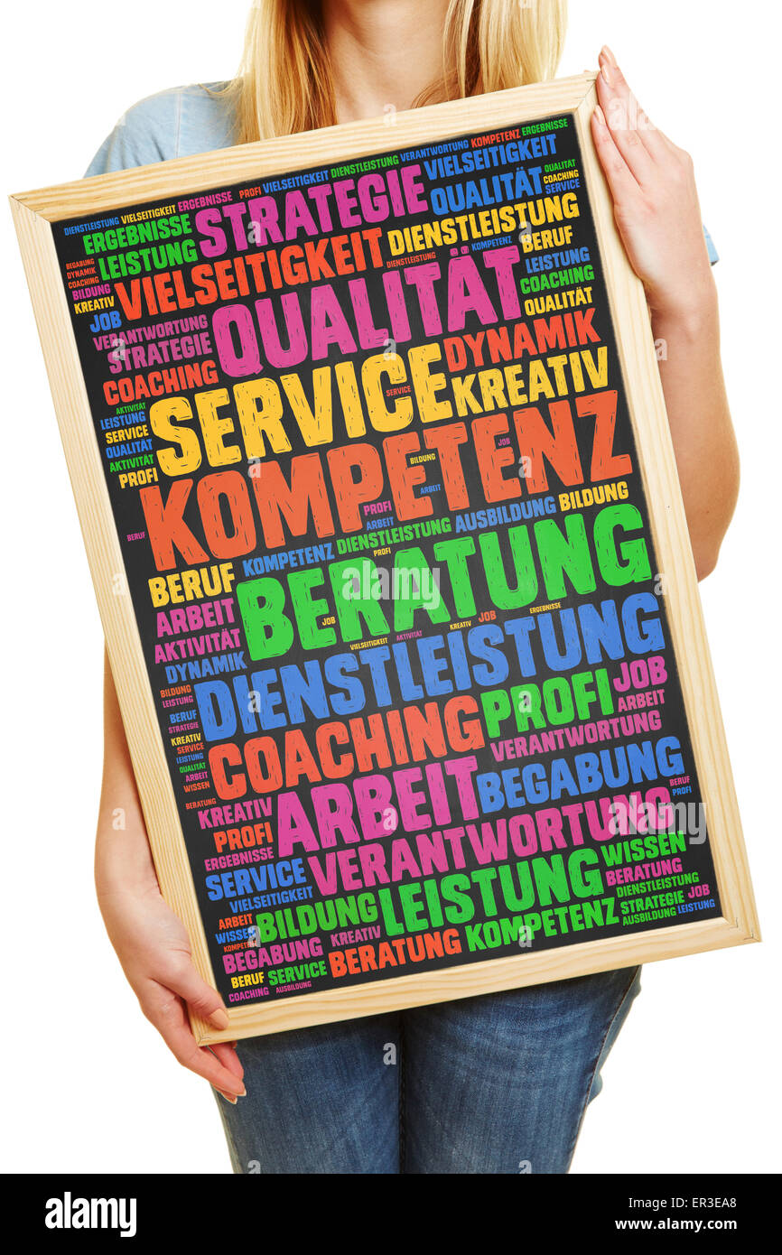 Woman holding German tag cloud about quality and service on a ...