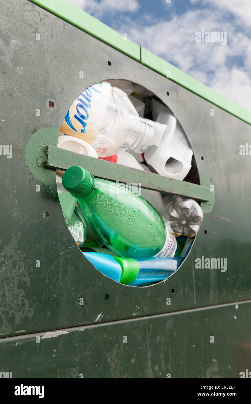 Overflowing entrance full up metal waste container for recycled plastic ...