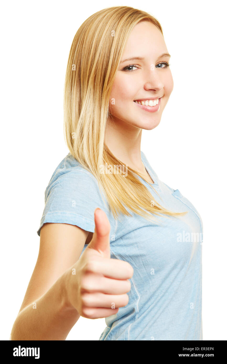 Young blonde woman holding thumbs up for congratulation after a victory Stock Photo - Alamy