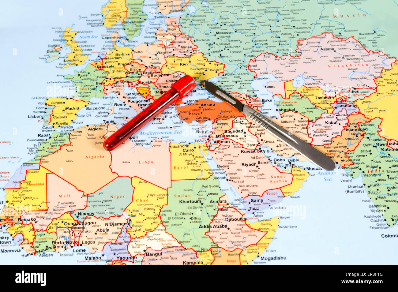 Medical Tourism concept with world map scalpel and blood tube Stock ...