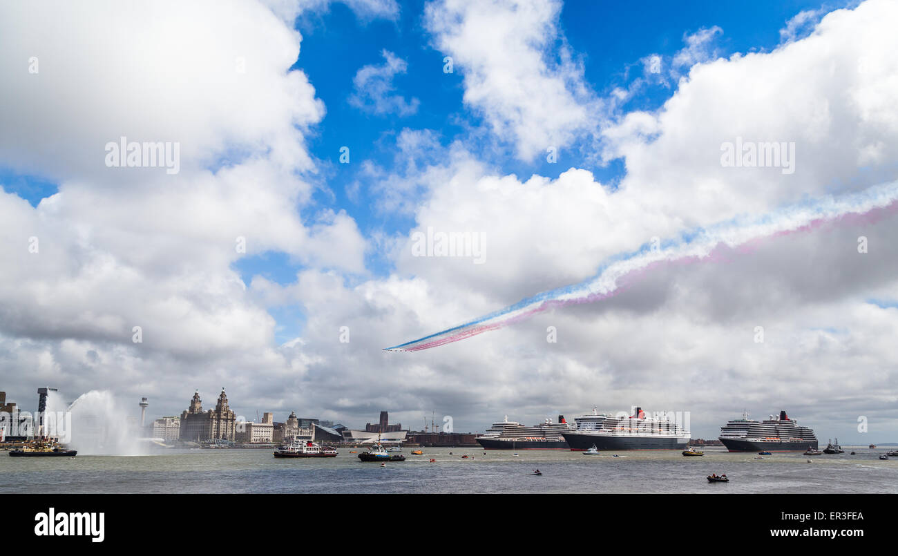 Red Arrows flying over the Three Queens in Liverpool Stock Photo - Alamy