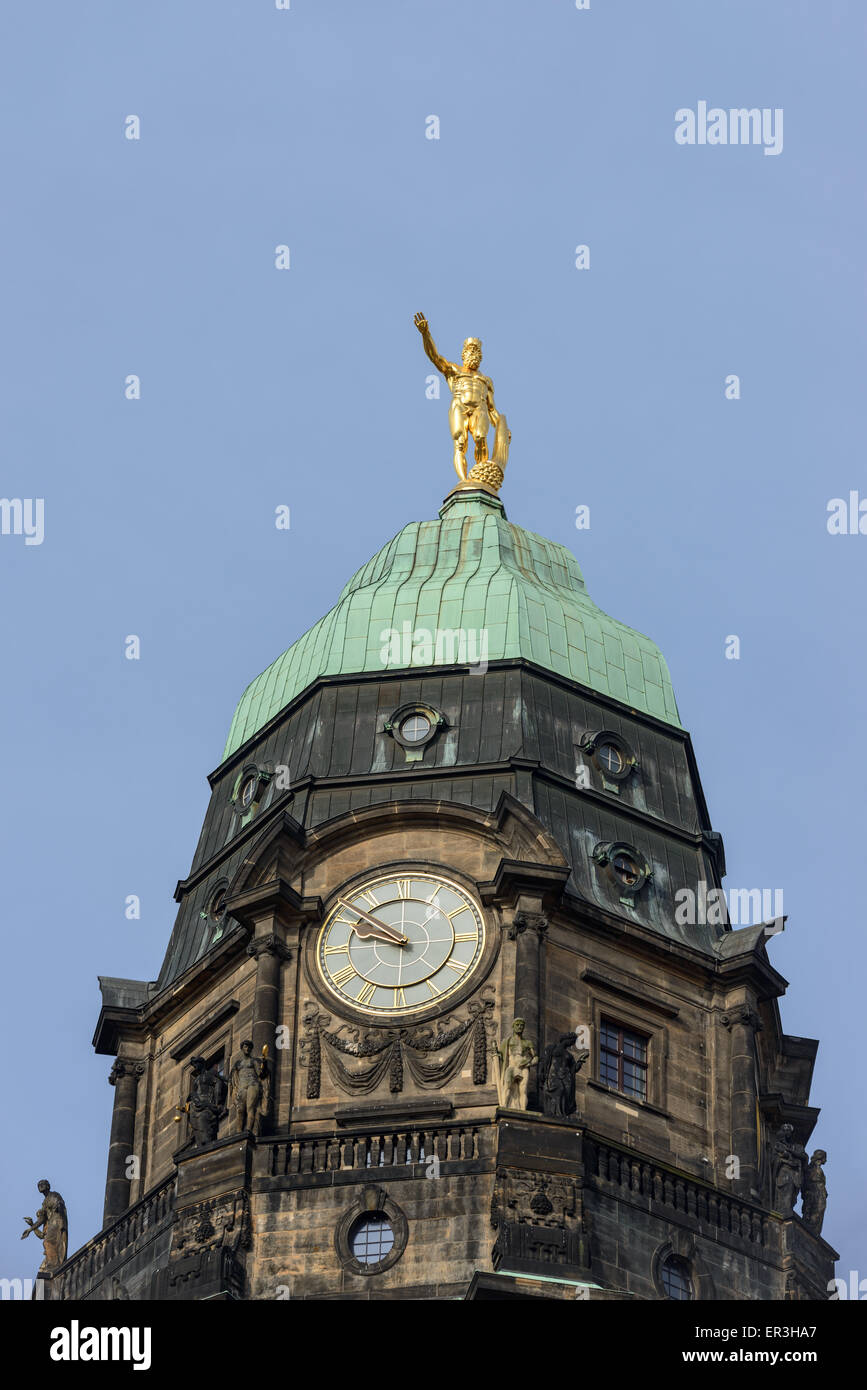 Close-up view of old Baroque tower topped by Hercules statue from ...