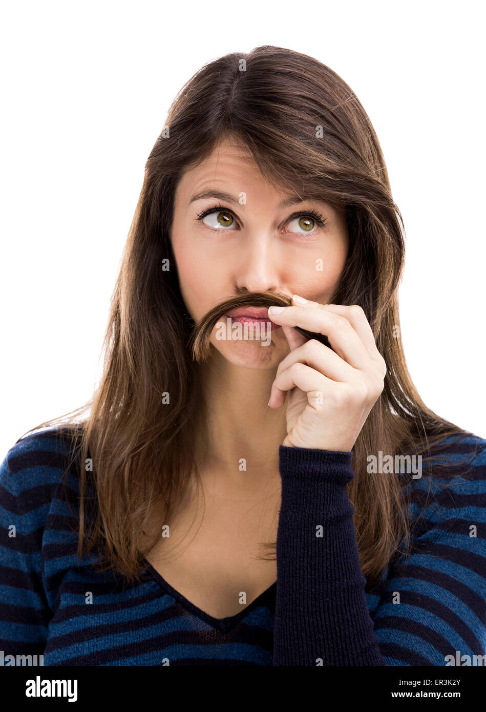 Portrait of a funny woman making a moustache with her own hair Stock ...