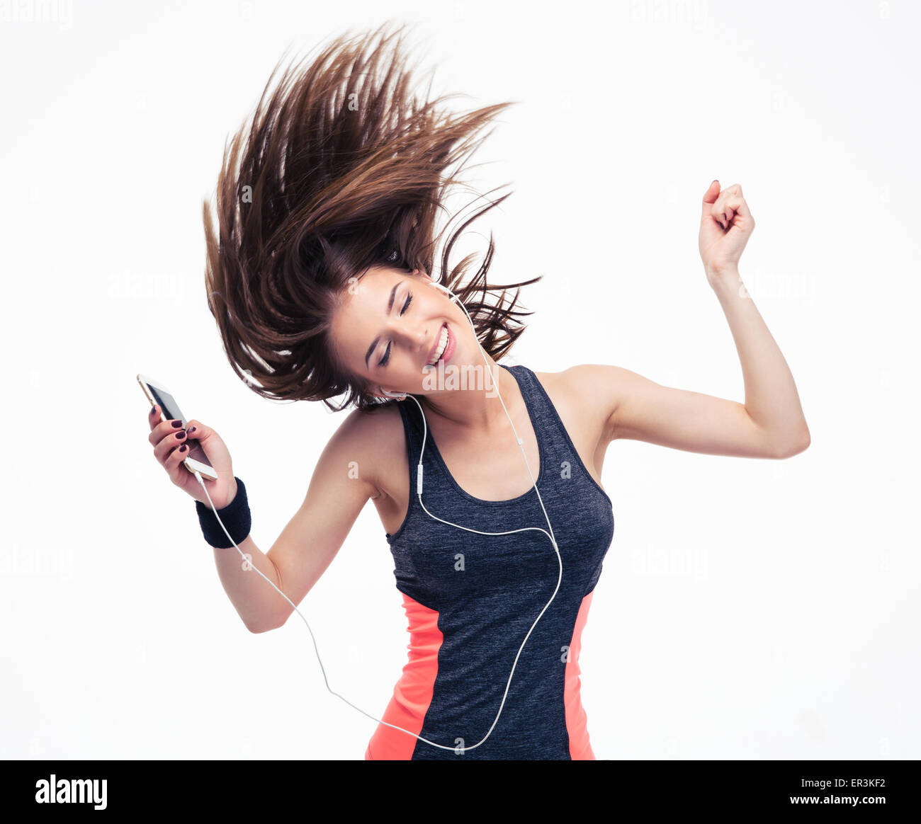 Beautiful woman with headphones in dancing motion. Hair fly. Isolated ...
