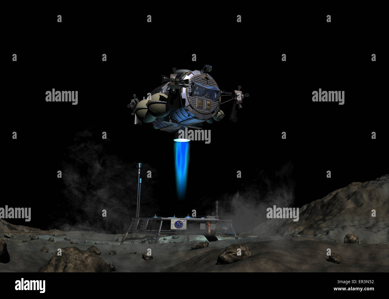 The ascent stage of a manned Asteroid Lander departs the surface of a ...