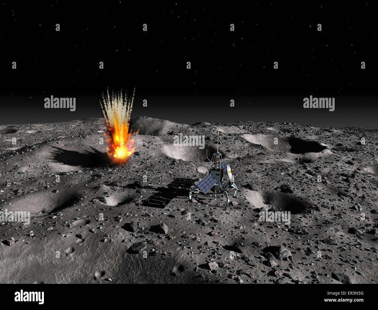 An unmanned robotic probe drills into the surface of an asteroid as a ...