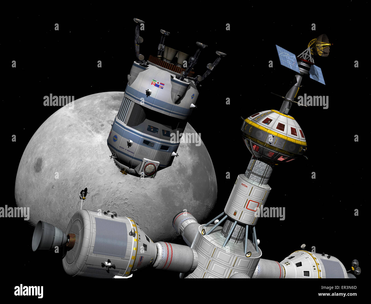 A reusable lunar shuttle, recently launched from the moon, prepares to ...